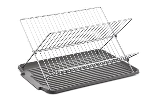 J&V TEXTILES Foldable Dish Drying Rack with Drainboard, Stainless Steel 2 Tier Dish Drainer Rack, Collapsible Dish Drainer, Folding Dish Rack for Kitchen Sink, Countertop, Cutlery, Plates (Gray)