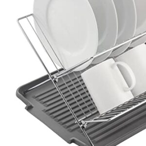 J&V TEXTILES Foldable Dish Drying Rack with Drainboard, Stainless Steel 2 Tier Dish Drainer Rack, Collapsible Dish Drainer, Folding Dish Rack for Kitchen Sink, Countertop, Cutlery, Plates (Gray)