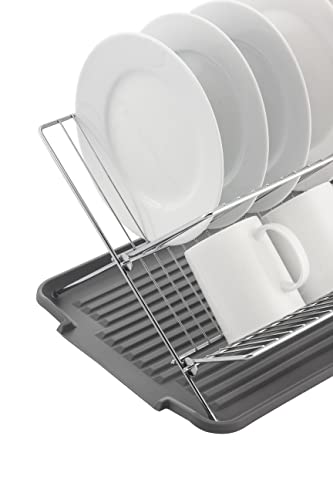 J&V TEXTILES Foldable Dish Drying Rack with Drainboard, Stainless Steel 2 Tier Dish Drainer Rack, Collapsible Dish Drainer, Folding Dish Rack for Kitchen Sink, Countertop, Cutlery, Plates (Gray)