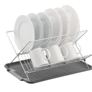 J&V TEXTILES Foldable Dish Drying Rack with Drainboard, Stainless Steel 2 Tier Dish Drainer Rack, Collapsible Dish Drainer, Folding Dish Rack for Kitchen Sink, Countertop, Cutlery, Plates (Gray)