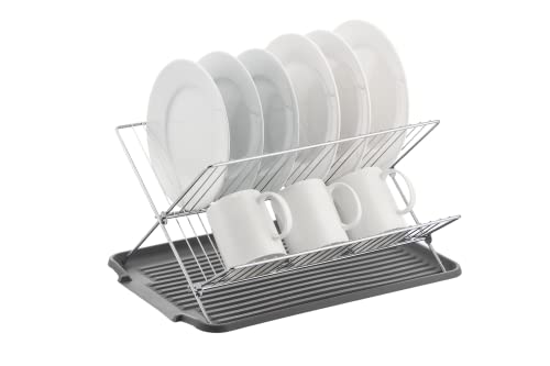 J&V TEXTILES Foldable Dish Drying Rack with Drainboard, Stainless Steel 2 Tier Dish Drainer Rack, Collapsible Dish Drainer, Folding Dish Rack for Kitchen Sink, Countertop, Cutlery, Plates (Gray)