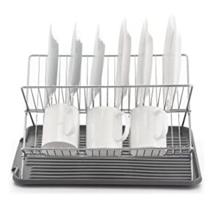 J&V TEXTILES Foldable Dish Drying Rack with Drainboard, Stainless Steel 2 Tier Dish Drainer Rack, Collapsible Dish Drainer, Folding Dish Rack for Kitchen Sink, Countertop, Cutlery, Plates (Gray)