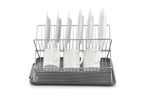 J&V TEXTILES Foldable Dish Drying Rack with Drainboard, Stainless Steel 2 Tier Dish Drainer Rack, Collapsible Dish Drainer, Folding Dish Rack for Kitchen Sink, Countertop, Cutlery, Plates (Gray)