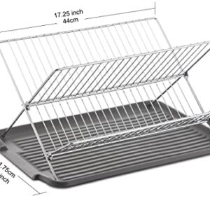 J&V TEXTILES Foldable Dish Drying Rack with Drainboard, Stainless Steel 2 Tier Dish Drainer Rack, Collapsible Dish Drainer, Folding Dish Rack for Kitchen Sink, Countertop, Cutlery, Plates (Gray)