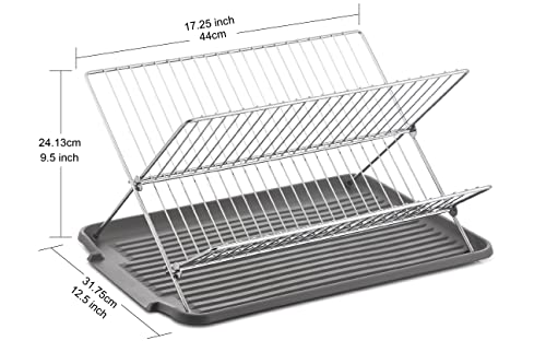 J&V TEXTILES Foldable Dish Drying Rack with Drainboard, Stainless Steel 2 Tier Dish Drainer Rack, Collapsible Dish Drainer, Folding Dish Rack for Kitchen Sink, Countertop, Cutlery, Plates (Gray)