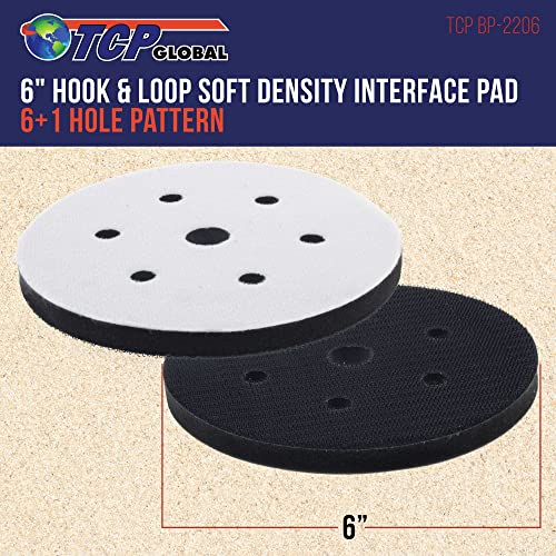 TCP Global 6" x 7/16" 10mm Thick Soft Density Interface Pad for DA Polishers & Sanders, 6 + 1 Hole Pattern Dustless, Hook & Loop Foam Cushion, Use Between Vacuum Sanding Discs, Polisher Polishing Pads