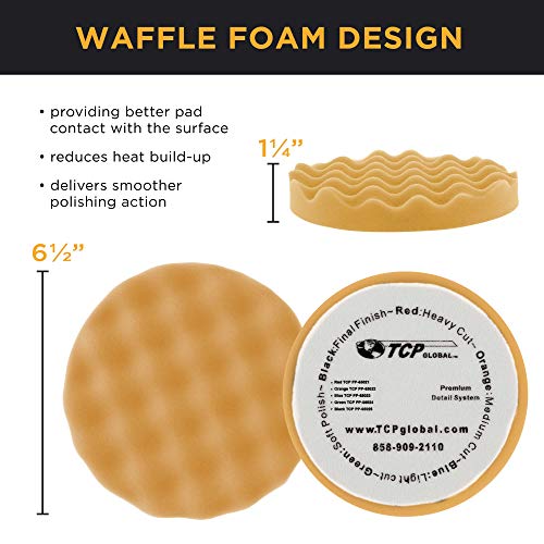 TCP Global 6.5" Orange Waffle Medium Cut Grip Foam Polish Buff Pad - DA Hook & Loop