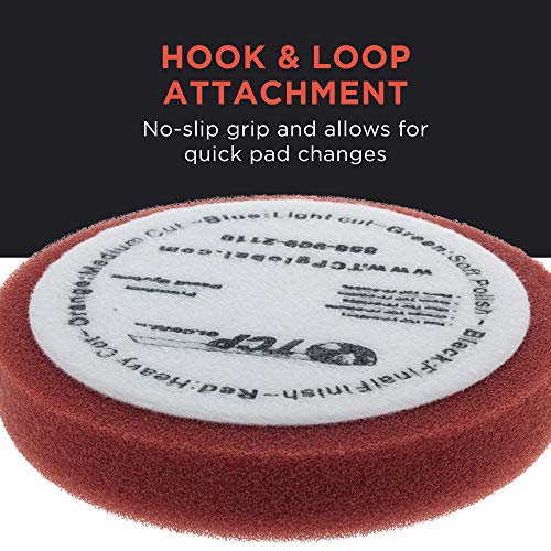 TCP Global 6.5" Red Flat Heavy Cut Grip Foam Polish Buff Pad - DA Hook & Loop