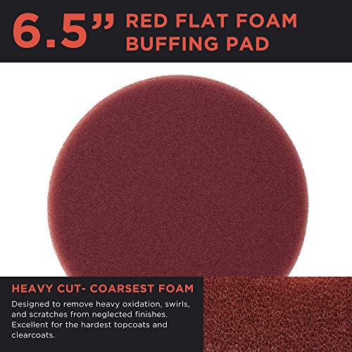 TCP Global 6.5" Red Flat Heavy Cut Grip Foam Polish Buff Pad - DA Hook & Loop