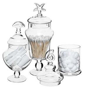 MyGift Clear Glass Apothecary Jars with Lid, Decorative Seashell Design Bathroom Canister, Footed Candy Buffet Containers, Set of 3