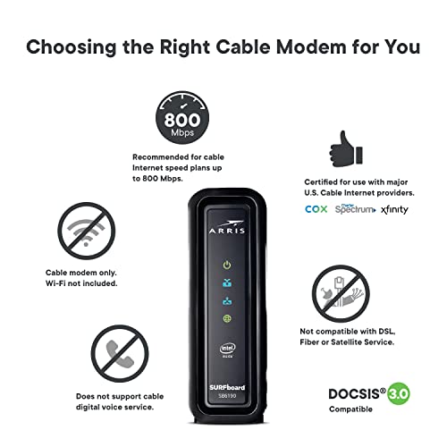 ARRIS SURFboard SB6190 DOCSIS 3.0 32 x 8 Gigabit Cable Modem | Comcast Xfinity, Cox, Spectrum | 1 Gbps Port | 800 Mbps Max Internet Speeds | Easy Set-up SURFboard Central App | 2 Year Warranty,Black