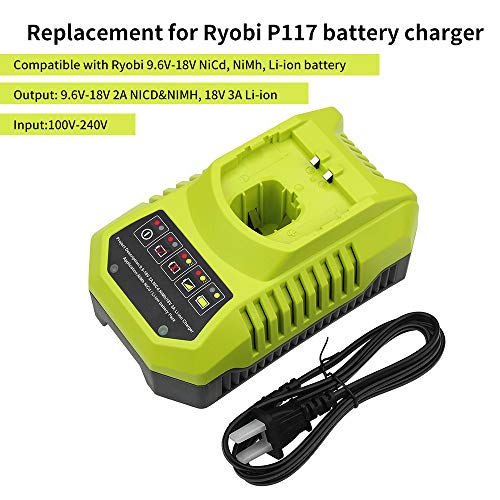 P117 Battery Charger Compatible with Ryobi 18V Battery Charger for Dual Chemistry 9.6V-18V Charger Li-ion Ni-Cd Ni-Mh Plus Battery P100 P102 P103 P105 P107 P108 P118 P200 1400670