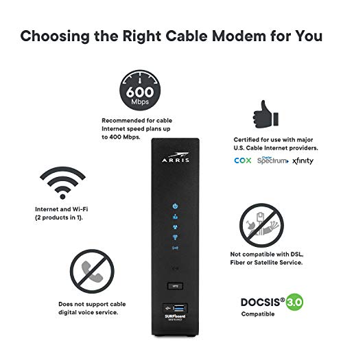 ARRIS SURFboard SBG7600AC2 DOCSIS 3.0 Cable Modem & AC2350 Wi-Fi Router | Approved for Comcast Xfinity, Cox, Charter Spectrum & more | Four 1 Gbps Ports | 800 Mbps Max Internet Speeds 2 Year Warranty