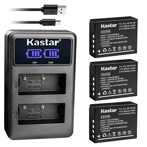 Kastar Dual LCD USB Charger and 3 Pack Battery for Fujifilm NP-W126 NP-W126s BC-W126 and Fuji HS30EXR HS33EXR HS35EXR HS50EXR X100F X-E1 X-E2 X-E2S X-E3 X-M1 X-T1 X-T2 X-T3 X-T10 X-T20 X-H1 Cameras