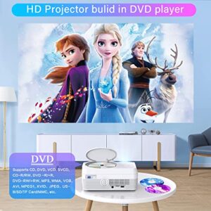 Full HD Bluetooth Projector Built in DVD Player, 8500LM 1080P Supported, Portable Mini DVD Projector for Outdoor Movies, 250" Home Theater, Compatible with iOS/Android/TV Stick/PS4/HDMI/USB/TF Card