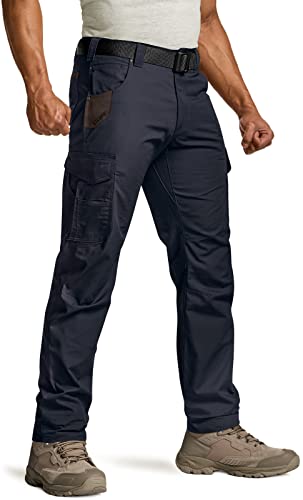 CQR Men's Ripstop Work Pants, Water Resistant Tactical Pants, Outdoor Utility Operator EDC Straight/Cargo Pants, Work Cargo Police Navy, 34W x 32L