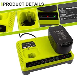 Dual Charging Port P117 Quick Charger (Multi-Chemistry) for Ryobi 12V-18V ONE+ NiCd/NiMh/Lithium Tools Battery Charging Station fit P100 P102 P103 P105 P107 P108 P122 P189 P191 P197