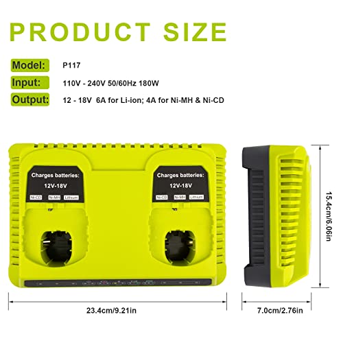 Dual Charging Port P117 Quick Charger (Multi-Chemistry) for Ryobi 12V-18V ONE+ NiCd/NiMh/Lithium Tools Battery Charging Station fit P100 P102 P103 P105 P107 P108 P122 P189 P191 P197