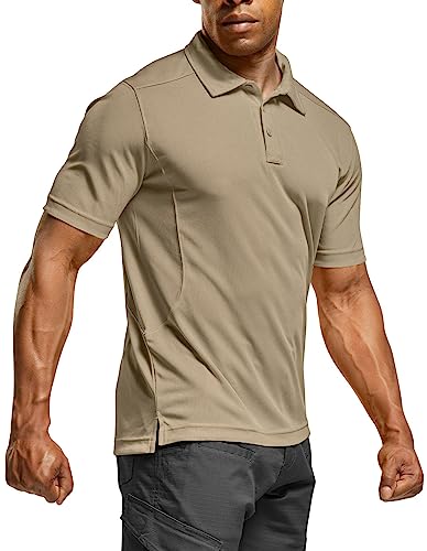 CQR Men's Polo Shirt, Long and Short Sleeve Tactical Shirts, Dry Fit Lightweight Golf Shirts, Outdoor UPF 50+ Pique Shirt, Frost Essential Khaki, Small