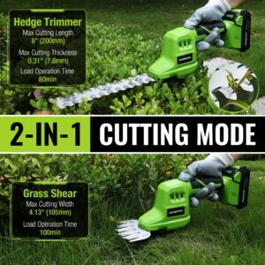 WORKPRO 20V Cordless Grass Shear & Shrubbery Trimmer-2 in 1 Handheld Hedge Trimmer, Electric Grass Trimmer Hedge Shear/Grass Cutter with 2.0Ah Rechargeable Lithium-Ion Battery and 1 Hour Fast Charger