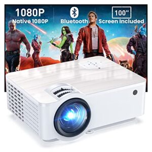 groview projector, 1080p bluetooth mini projector with 100” projector screen, 9500 lux portable outdoor movie projector for phone, compatible with vga/hdmi/usb/sd/laptop/fire stick/ps5