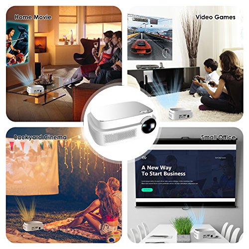 Video Projector, HD 1080p Video Beam with 200” Display, HiFi Speaker, Compatible TV Stick, HDMI, VGA, USB, Laptop