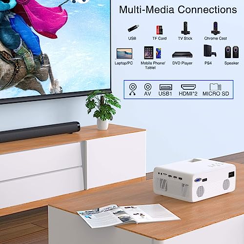 Projector, Mini projector, Native 720P HD Projector, 7500 Lumens, 240'' Display, Support 5.0 Bluetooth, Compatible with iPhone/Android/TV Stick/HDMI/VGA/USB/TV Box/Laptop/DVD/PS4