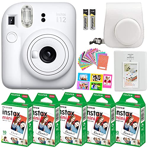 Fujifilm Instax Mini 12 Instant Camera with Fujifilm Instant Mini Film (50 Sheets) with Accessories Including Compatible Case with Strap, Lenss Photo Album, Stickers, Frames Bundle (Clay White)