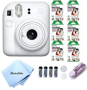 fujifilm mini 12 instant camera starter bundle: includes mini film value pack (60 sheets) + 4 pack aa batteries + lens cleaning cloth (clay white)