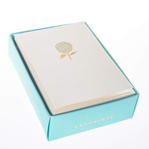 "Graphique Hydrangea La Petite Presse Boxed Notecards - 10 Embellished Gold Foil Blank Cards with Matching Envelopes and Storage Box, 3.25" x 4.75" (L1346CB)