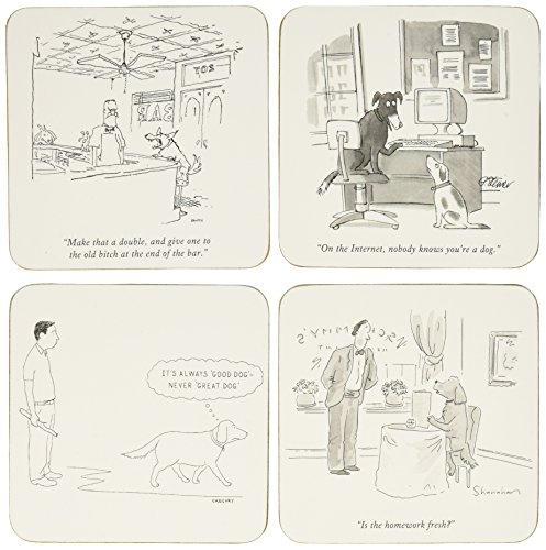 The New Yorker Dogs-Box Set of 4 Coasters, 4.25 x 4.25 x 1, Blue and White