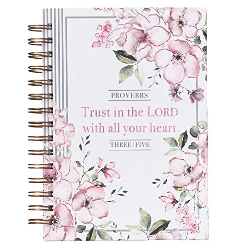 Christian Art Gifts Journal w/Scripture Trust In The Lord Proverbs 3:5 Bible Verse Pink Flowers 192 Ruled Pages, Large Hardcover Notebook, Wire Bound