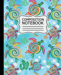 composition notebook: colorful abstract sea turtles on light blue background - 7.5" x 9.25" 110 pages wide ruled