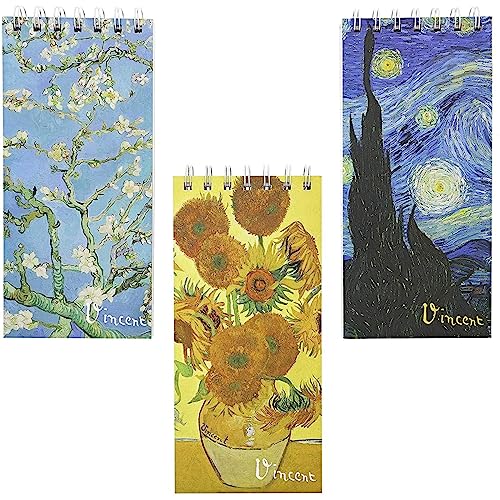 The Gifted Stationery 3-Pack Vincent Van Gogh Designs Spiral Memo Notepads with Hard Cover & Lined Paper, 8.4 inches Long x 3.75 inches