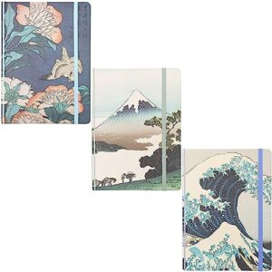 the gifted stationery 3-pack katsushika hokusai hard cover journal notebooks diary, painter inspired design, 160 lined pages, 7x5