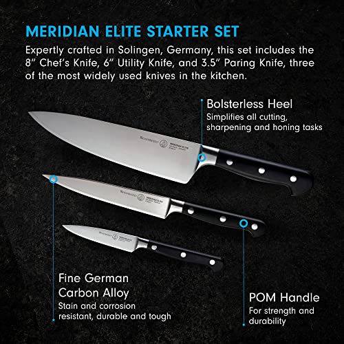 Messermeister Meridian Elite Starter Knife Set - Includes 8" Chef's Knife, 6" Utility Knife & 3.5" Paring Knife - Rust Resistant & Easy to Maintain