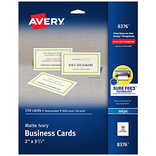 Avery Printable Business Cards with Sure Feed Technology, 2" x 3.5", Ivory, 250 Blank Cards for Inkjet Printers (08376)