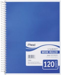 mead spiral notebook, 3 subject, wide ruled paper, 120 sheets, 10-1/2 x 7-1/2 inches, color selected for you (05746)