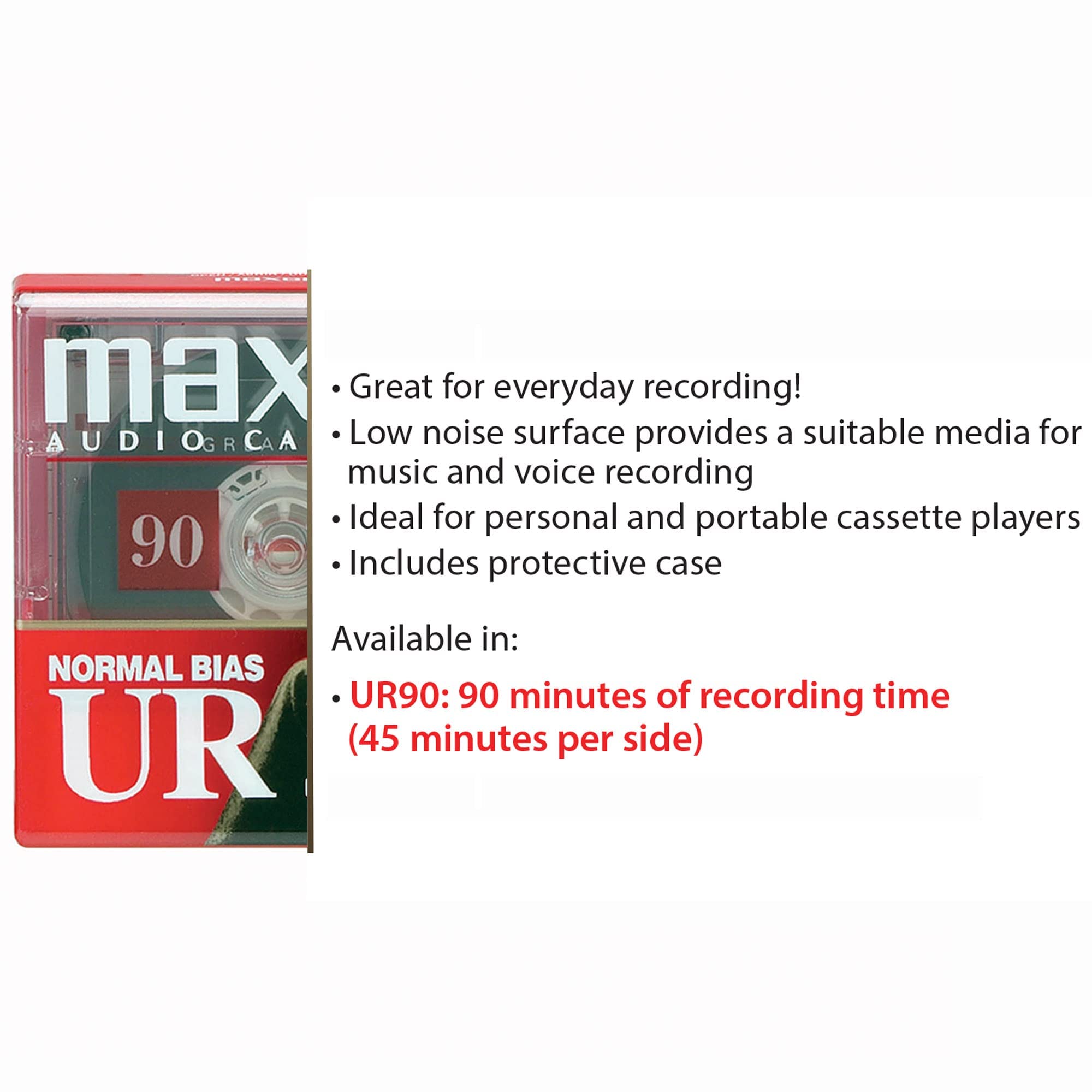 Maxell UR 90 Normal Bias Blank Audio Recording Cassette Tape, Low Noise, 90 Minute Recording Time, 5 Pack