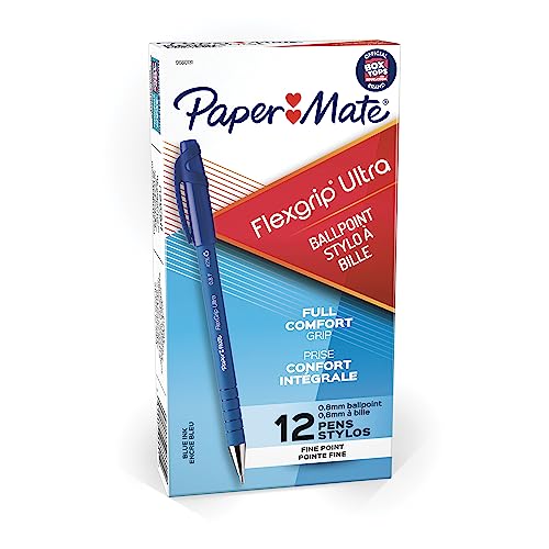 Paper Mate FlexGrip Ultra Stick Ball Pen, Fine Point, 0.80 mm, Blue Barrel, Blue Ink (9660131), Pack of 12