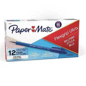 Paper Mate FlexGrip Ultra Stick Ball Pen, Fine Point, 0.80 mm, Blue Barrel, Blue Ink (9660131), Pack of 12