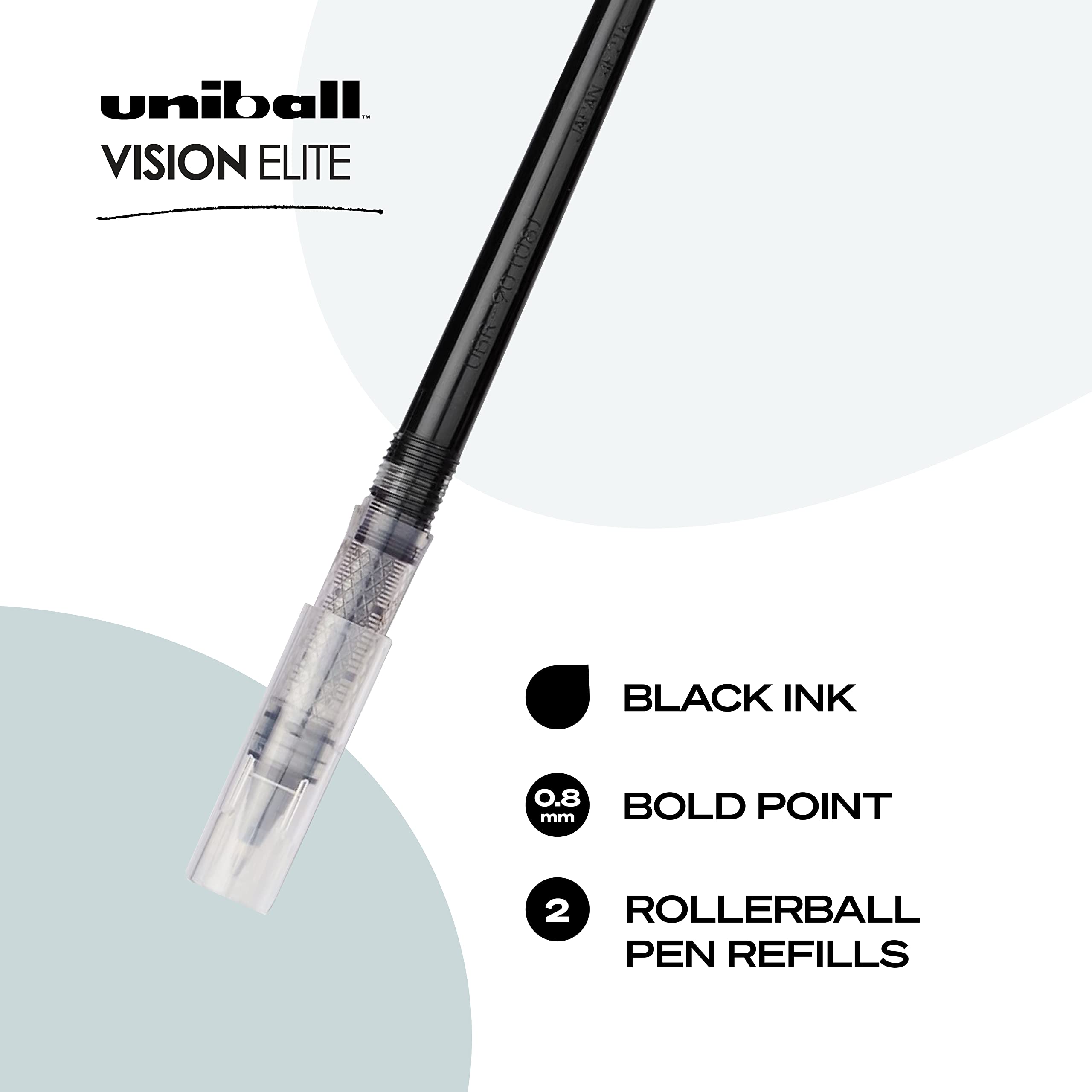 uni-ball Vision Elite Rollerball Pens Bold Point, Black Refills, 0.8mm (Pack of 2)