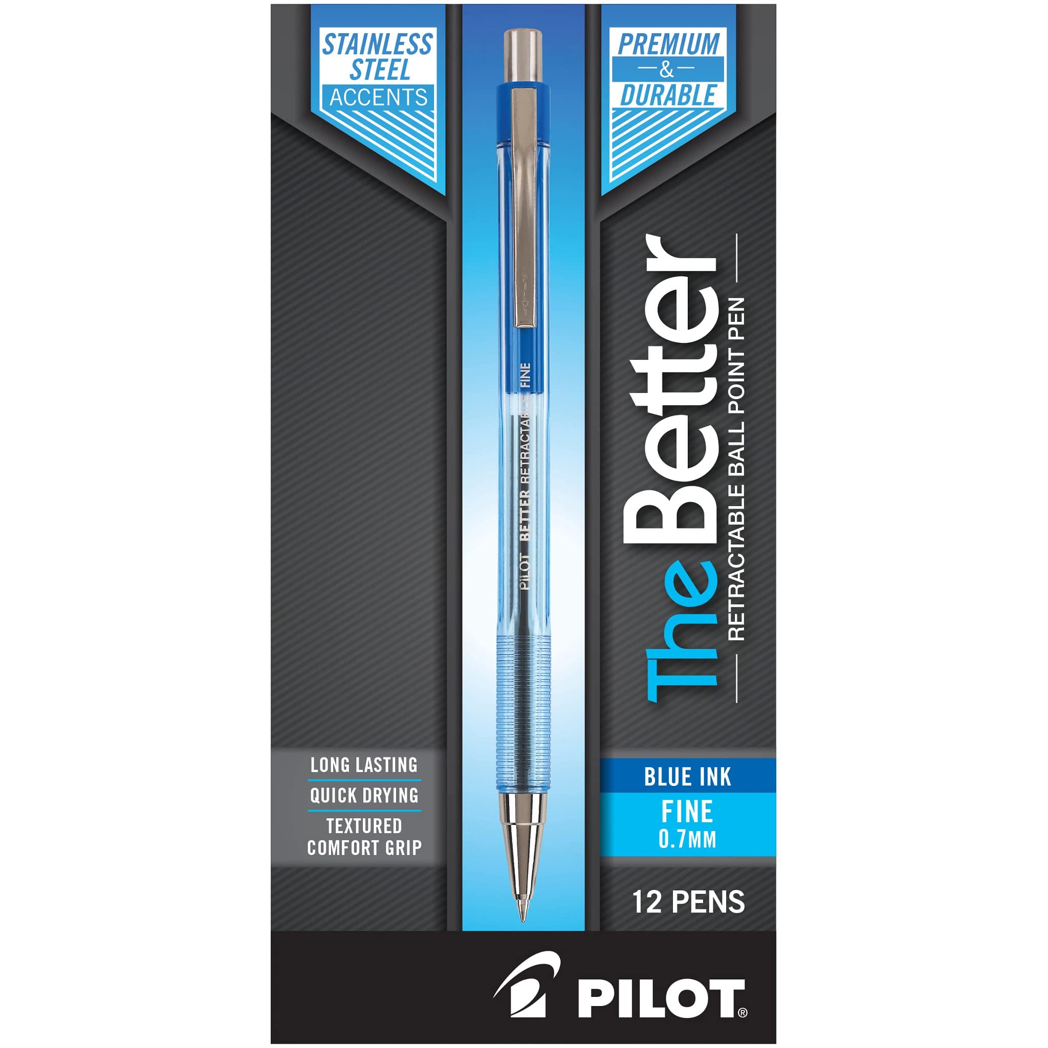 PILOT The Better Ball Point Pen Refillable & Retractable Ballpoint Pens, Fine Point, Blue Ink, 12-Pack (30001)