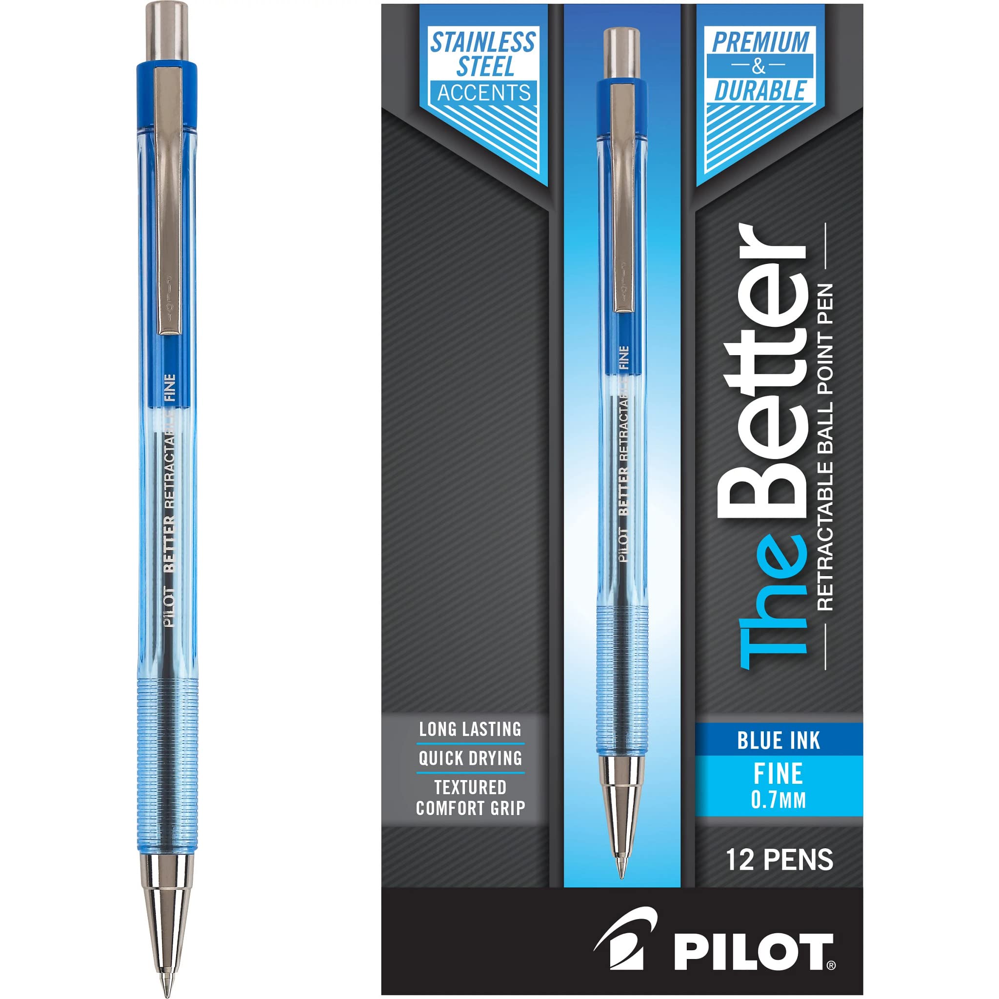 PILOT The Better Ball Point Pen Refillable & Retractable Ballpoint Pens, Fine Point, Blue Ink, 12-Pack (30001)