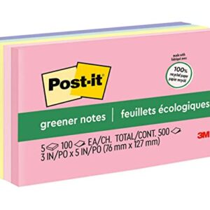 Post-it Greener Notes, 3x5 in, 5 Pads, America's #1 Favorite Sticky Notes, Helsinki Collection, Pastel Colors (Pink, Blue, Mint, Yellow), Clean Removal, 100% Recycled Material (655-RP-A)