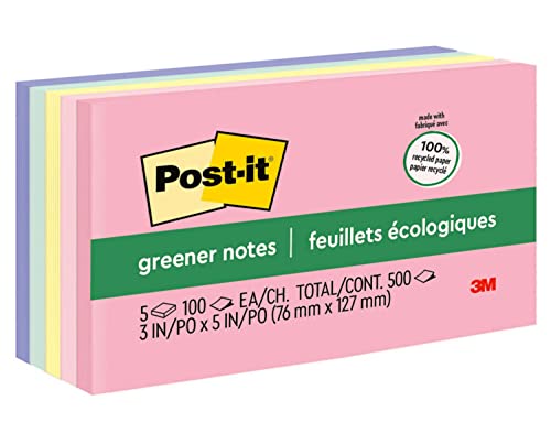 Post-it Greener Notes, 3x5 in, 5 Pads, America's #1 Favorite Sticky Notes, Helsinki Collection, Pastel Colors (Pink, Blue, Mint, Yellow), Clean Removal, 100% Recycled Material (655-RP-A)