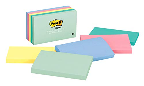 Post-it Notes, 3x5 in, 5 Pads, America's #1 Favorite Sticky Notes, Marseille Collection, Pastel Colors (Pink, Mint, Yellow), Recyclable (655-AST)