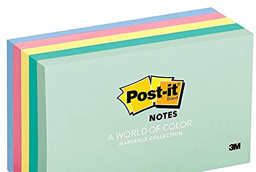 Post-it Notes, 3x5 in, 5 Pads, America's #1 Favorite Sticky Notes, Marseille Collection, Pastel Colors (Pink, Mint, Yellow), Recyclable (655-AST)