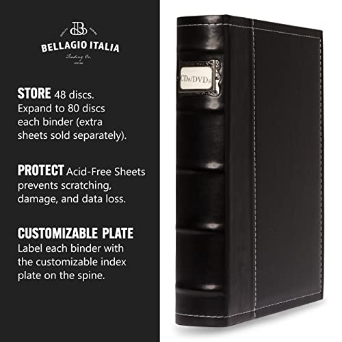 Bellagio-Italia CD/DVD Storage Binder - Black - Leather - 48-Disc Capacity - Storage Organizer for DVDs, CDs, Blu Rays, & Video Games - Acid-Free Binder Organizer Sheets - 1 Pack