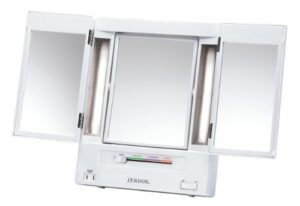 jerdon tri-fold two-sided makeup mirror with lights - vanity mirror with 5x magnification & multiple light settings - white base - model jgl9w